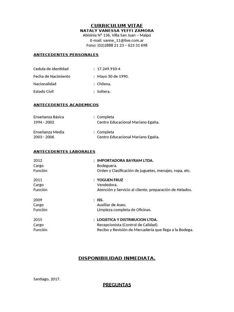 Currículum Vitae de Nataly Yeffi | PDF