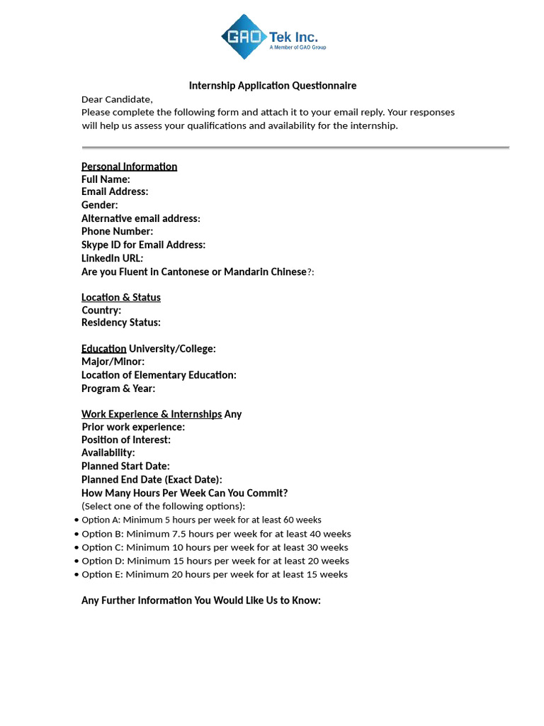 Internship Questionnaire - GAOTek Inc. | PDF