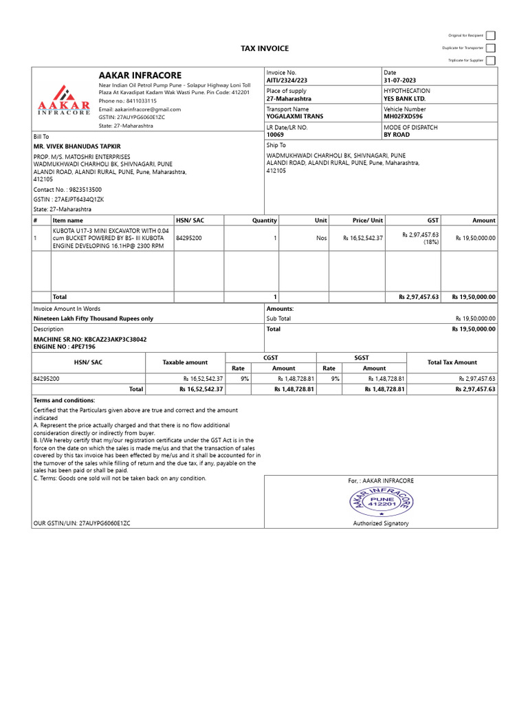 Invoice for Kubota Mini Excavator | PDF | Invoice | Taxes