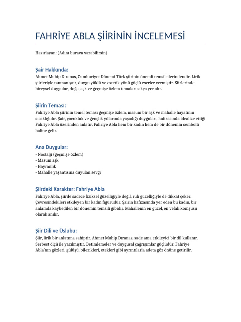 Fahriye Abla Siiri Incelemesi Odev | PDF