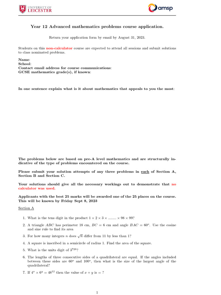 Year 12 Advanced Math Problems Application | PDF | Area | Numbers