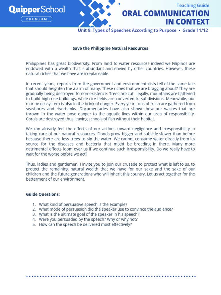 PDF (Texts) Oral Communication Grade 11 Unit 9 Lesson 3 Persuasive ...
