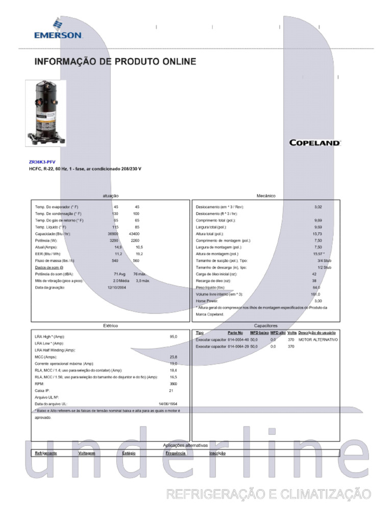 Copeland Compressor Scroll ZR36K3 PFV 522 208 230v Monofasico r22 Datasheet 1 | PDF