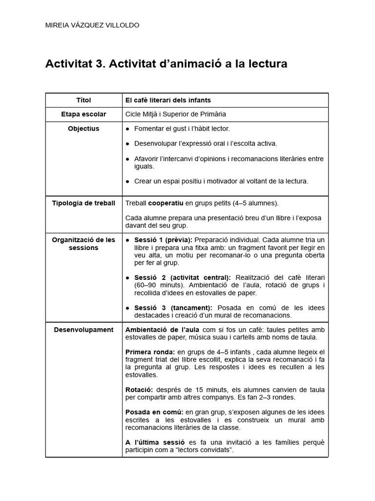 Activitat 3. Activitat D'animació A La Lectura - Mireia Vazquez Villoldo | PDF