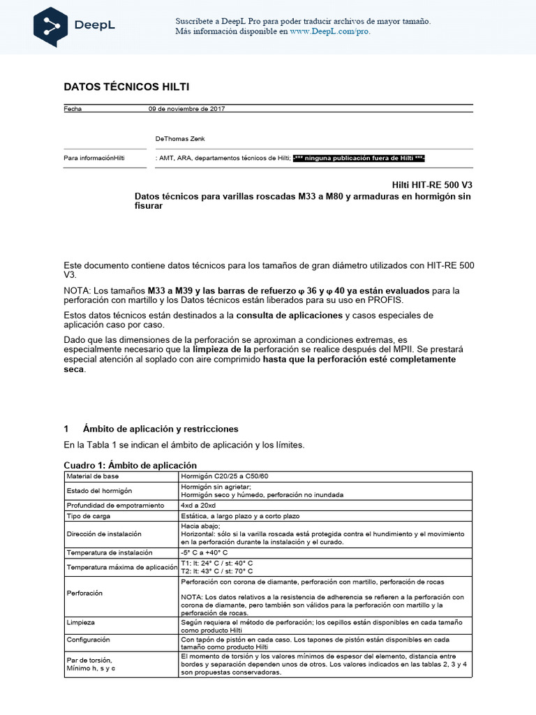 Datos Técnicos de Hilti HIT-RE 500 V3 | PDF | Perforación | Hormigón