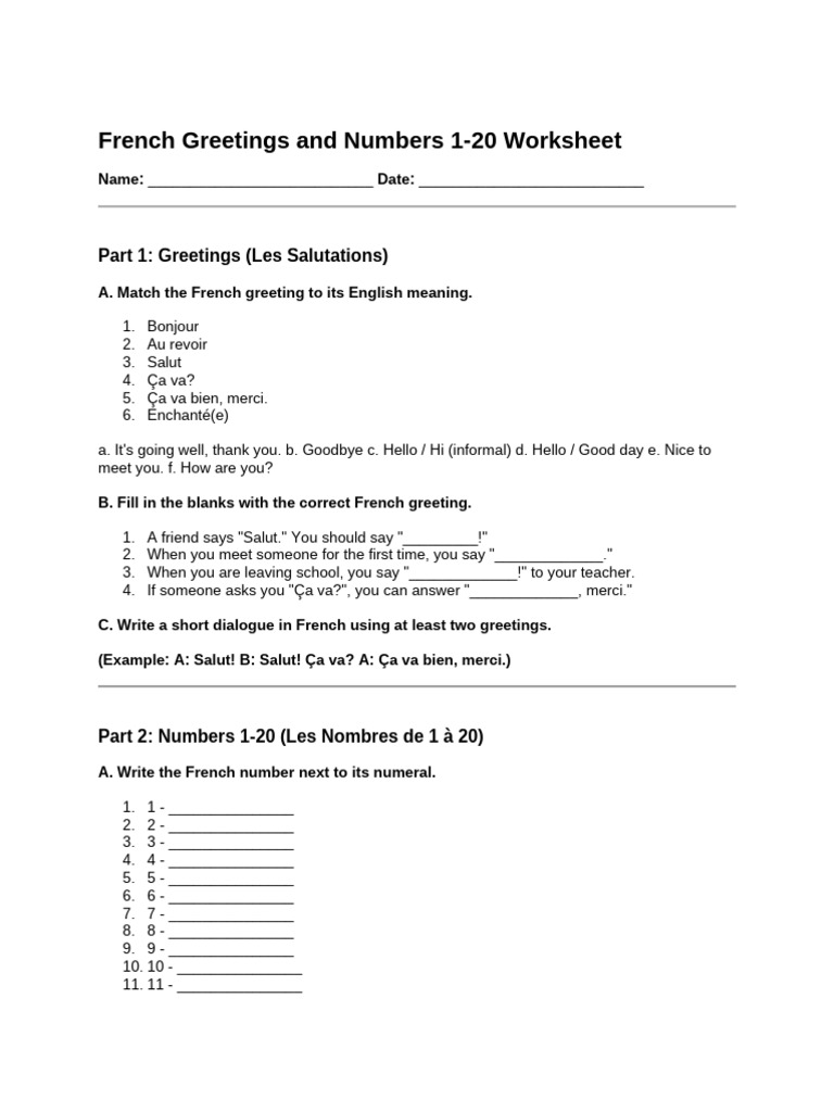 French Greetings and Numbers 1-20 Worksheet | PDF | Chess Theory | Chess