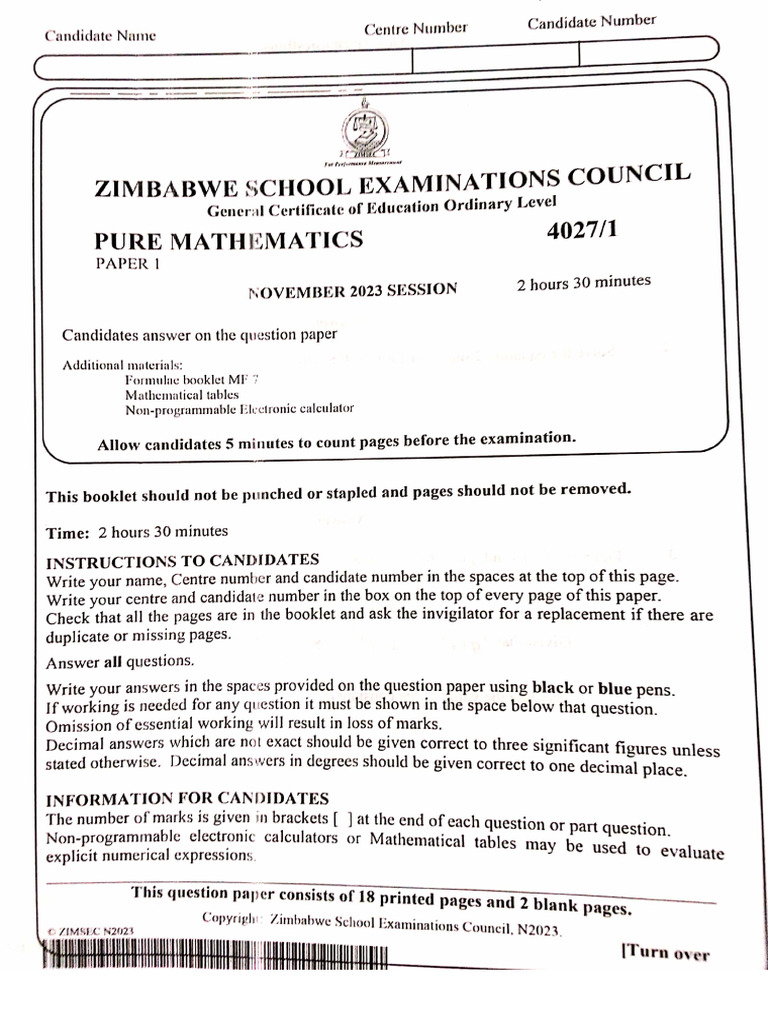 ZIMSEC O Level Maths Paper 1 Nov 2023 | PDF