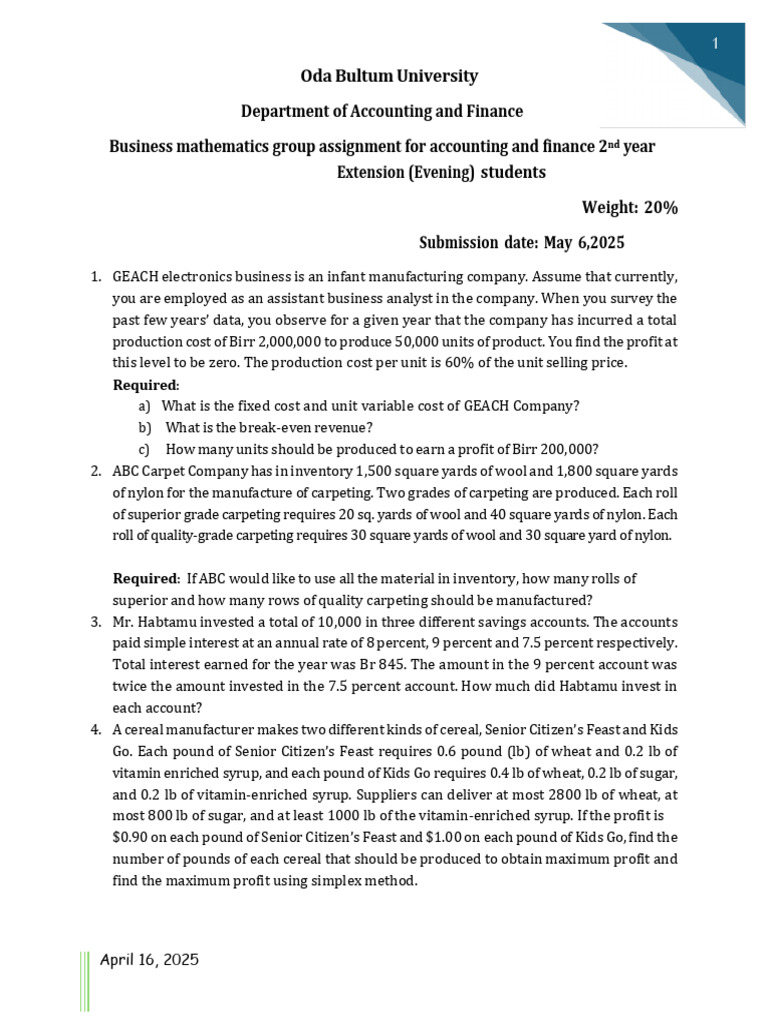 Business Mathematics Assignment Guide | PDF | Interest | Cost Of Goods Sold