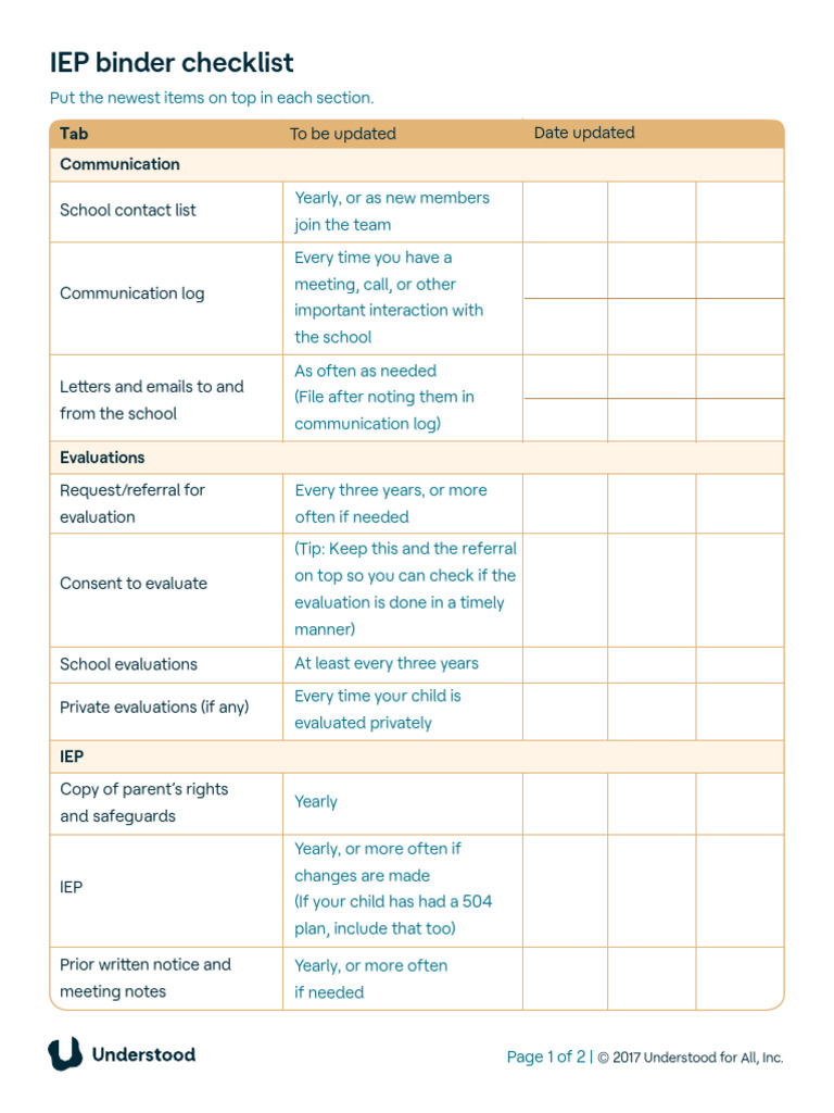 IEP Binder Organization Checklist | PDF | Individualized Education Program