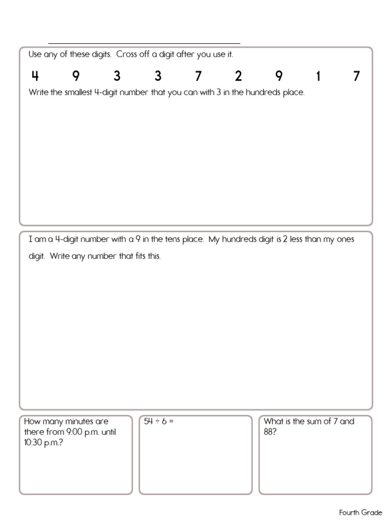 Fourth Grade Math and Critical Thinking Worksheets | PDF