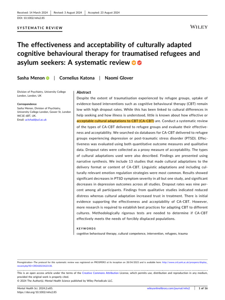 The Effectiveness and Acceptability of Culturally Adapted Cognitive ...