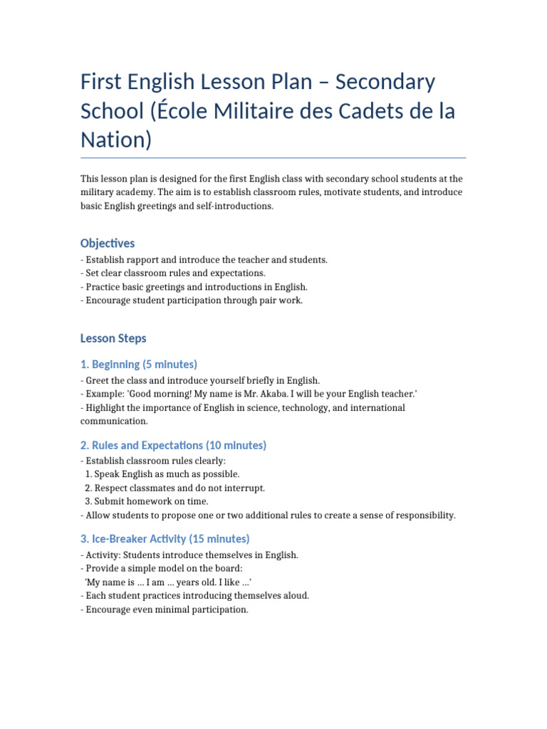 First English Lesson Plan for Cadets | PDF