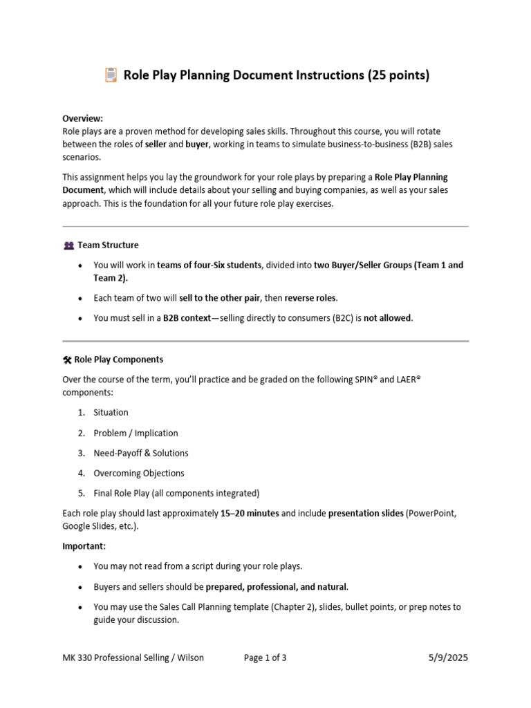 Role Play Planning Document Instructions-1 | PDF | Sales