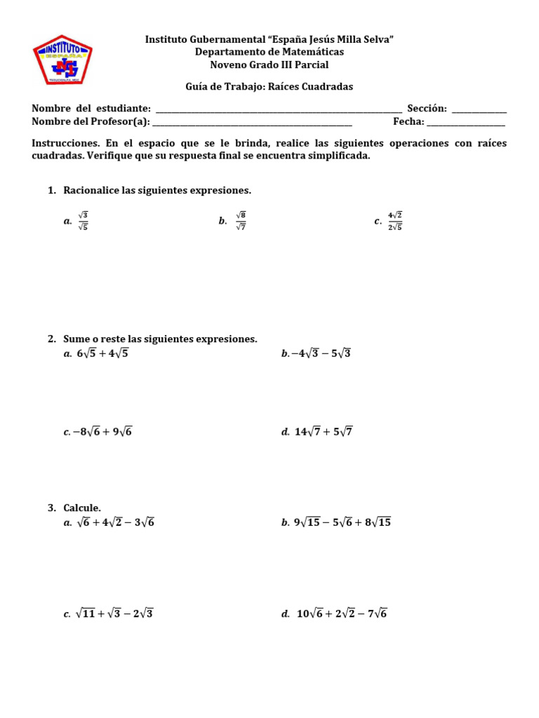 Guía de Raíces Cuadradas para Noveno Grado | PDF