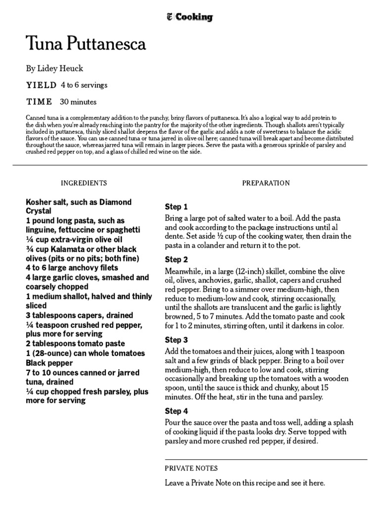 Tuna Puttanesca Recipe in 30 Minutes | PDF | Teaspoon | Tablespoon