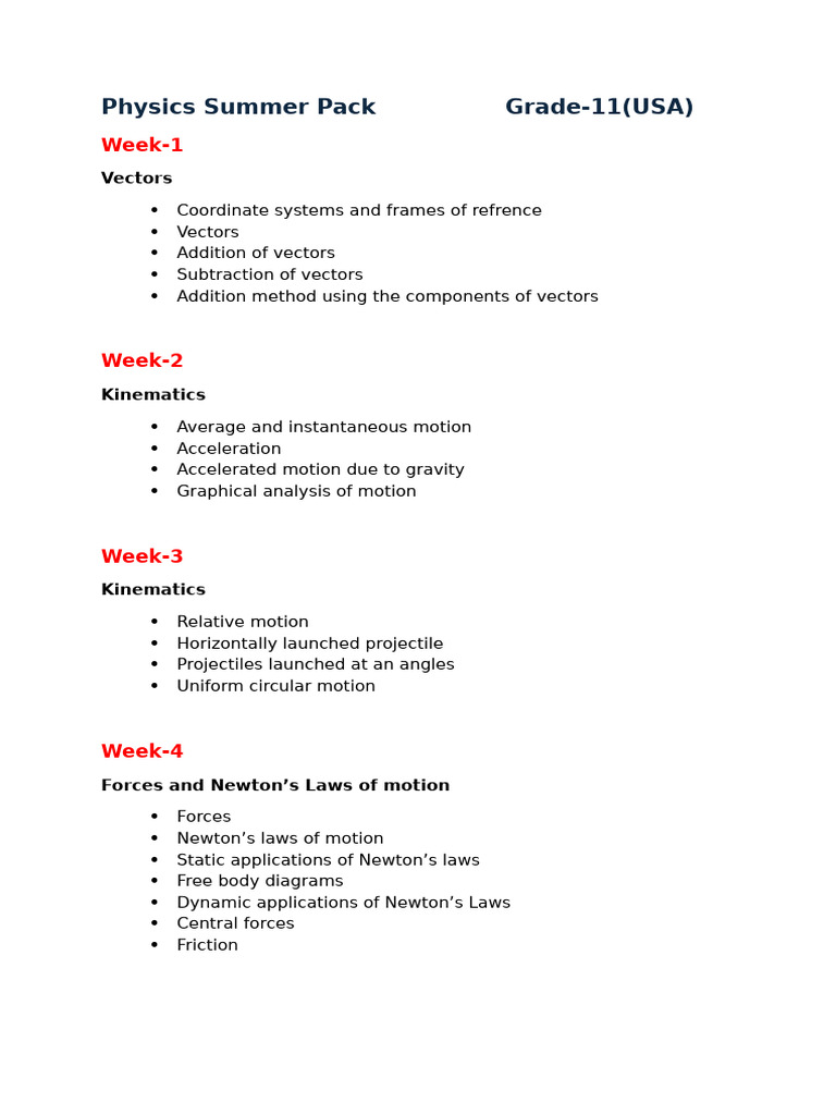 Grade 11 Physics Summer Curriculum | PDF