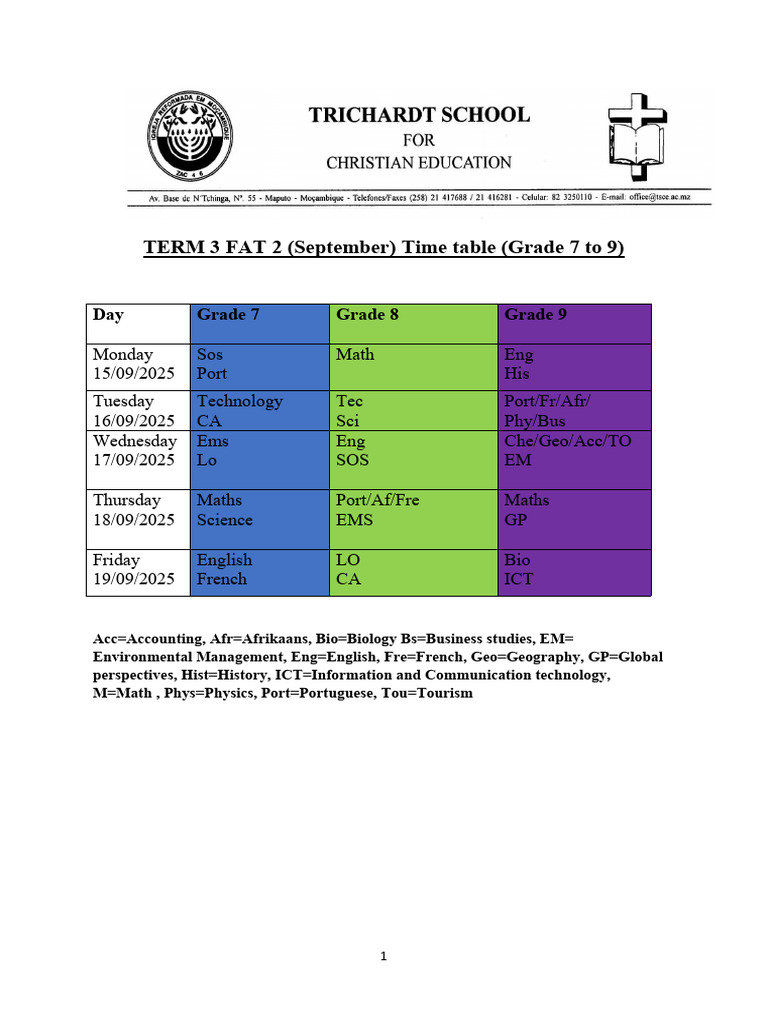 Grade 7-9 Term 3 Timetable 2025 | PDF