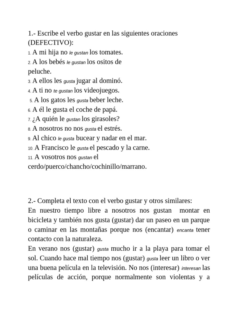 Verbo Gustar. Ejercicios | PDF