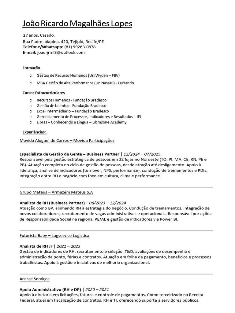 Currículo de João Lopes - Especialista em RH | PDF | Gestão de recursos ...