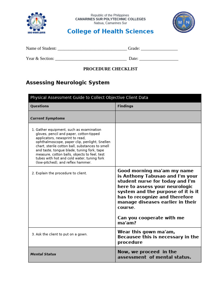 Neurologic System Assessment Checklist | PDF | Nervous System | Human ...