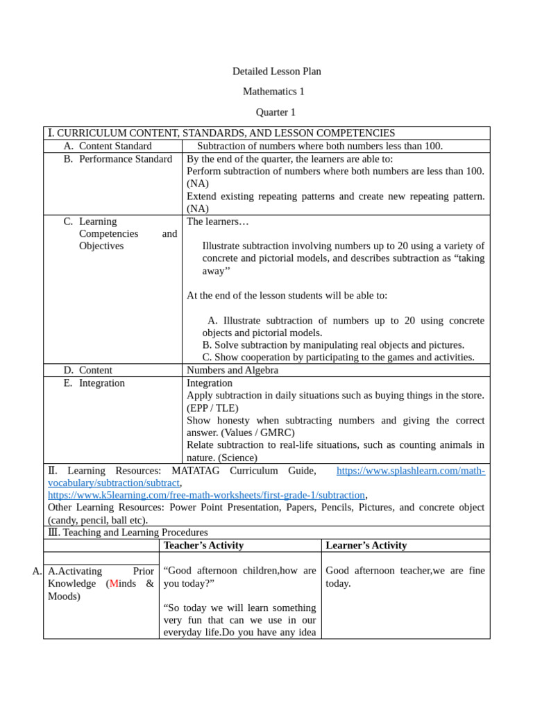 Subtraction Lesson Plan for Grade 1 | PDF | Subtraction | Cognition