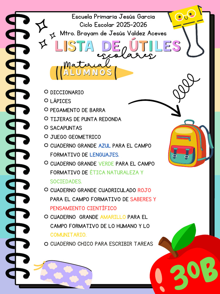 Lista de Materiales Escolares 3B 2025-2026 | PDF