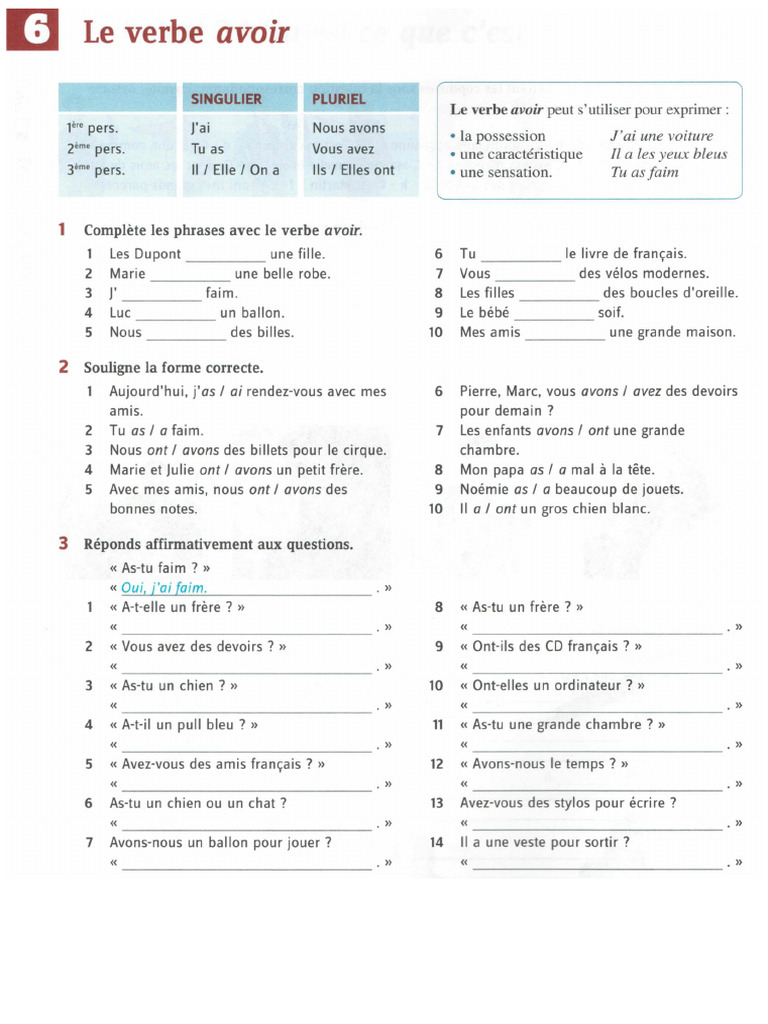 6 - Le Verbe AVOIR - A1 | PDF
