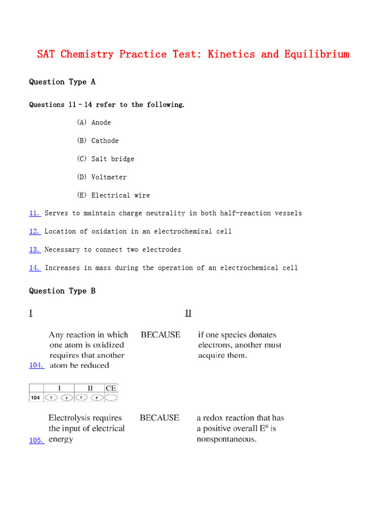 10 SAT Chemistry Practice Test-Redox and | PDF | Redox | Electrochemistry