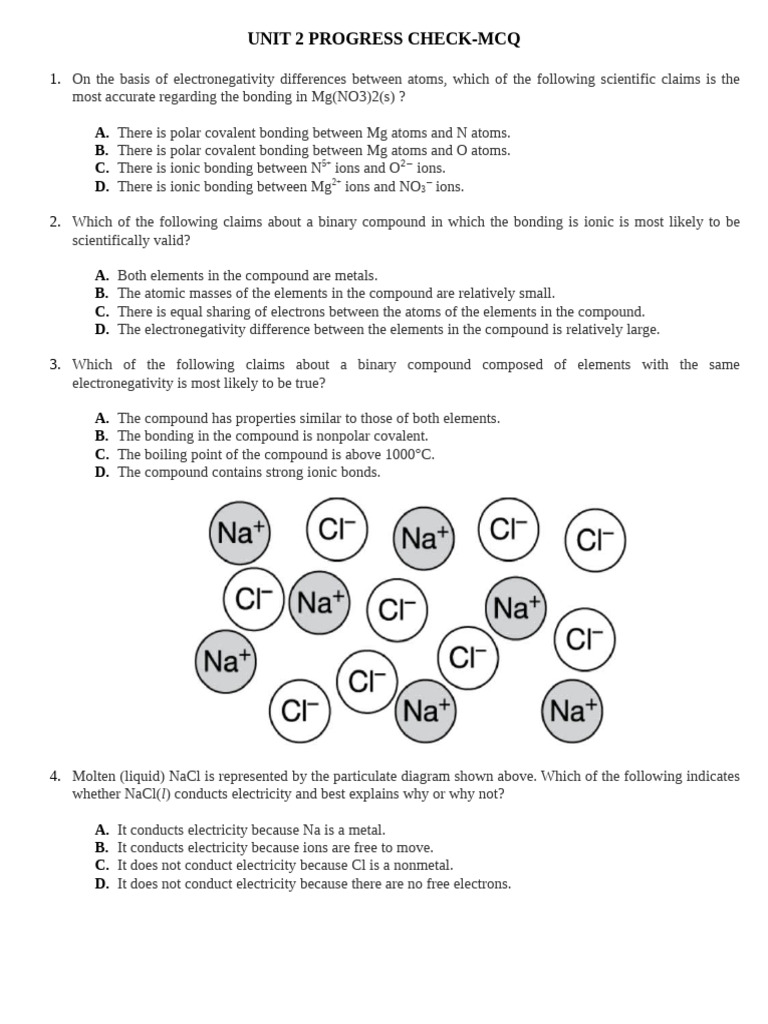 AP Chemistry Unit 2 MCQ & FRQ Review | PDF | Chemical Compounds | Ionic ...