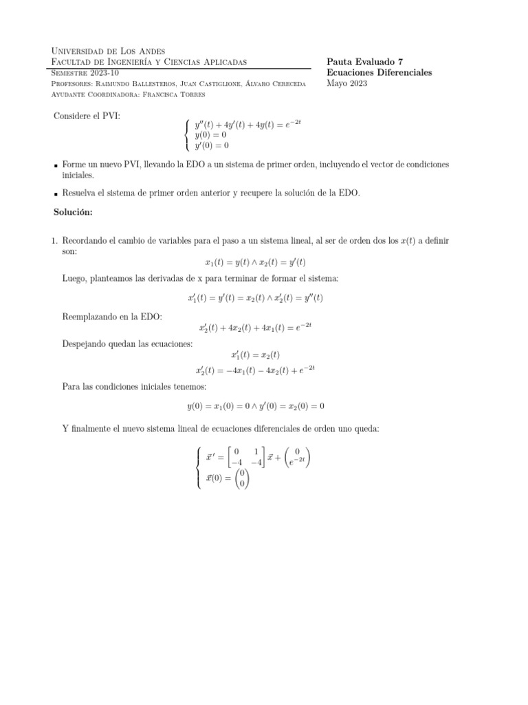 Pauta Ejercicio Evaluado 7 | PDF | Ecuación diferencial ordinaria ...