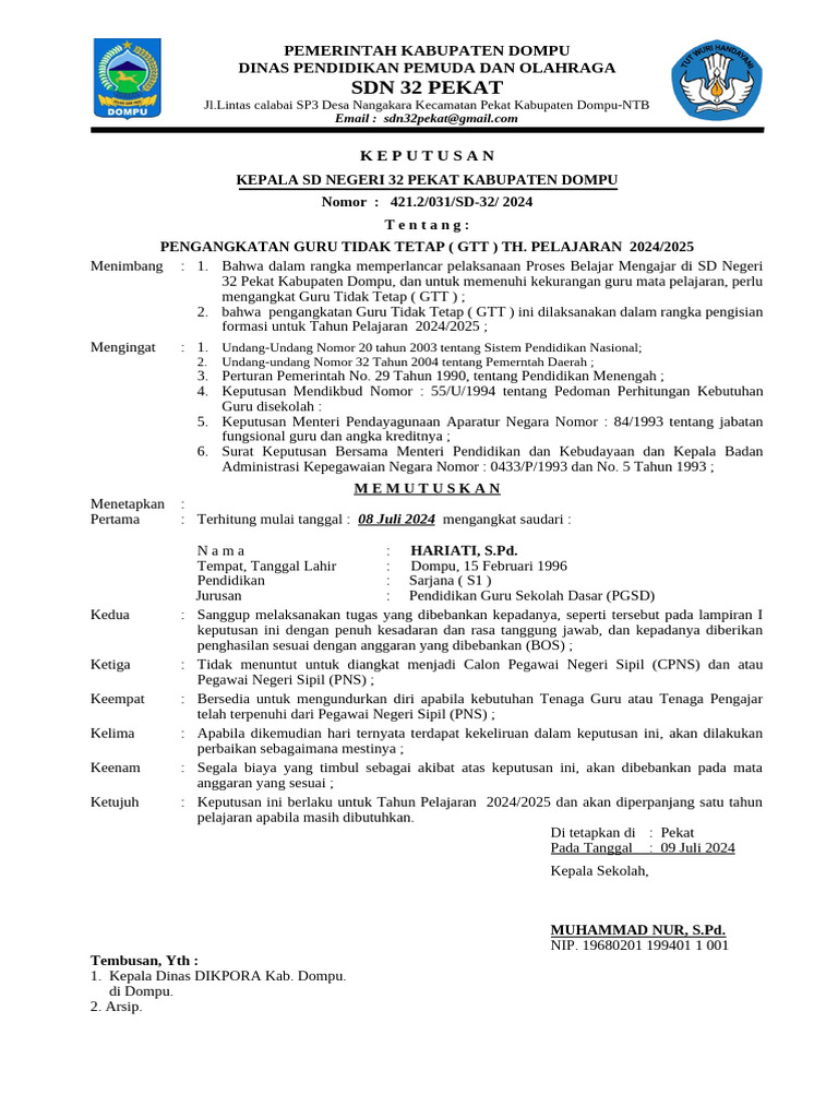 Pengangkatan GTT SDN 32 Pekat 2024/2025 | PDF