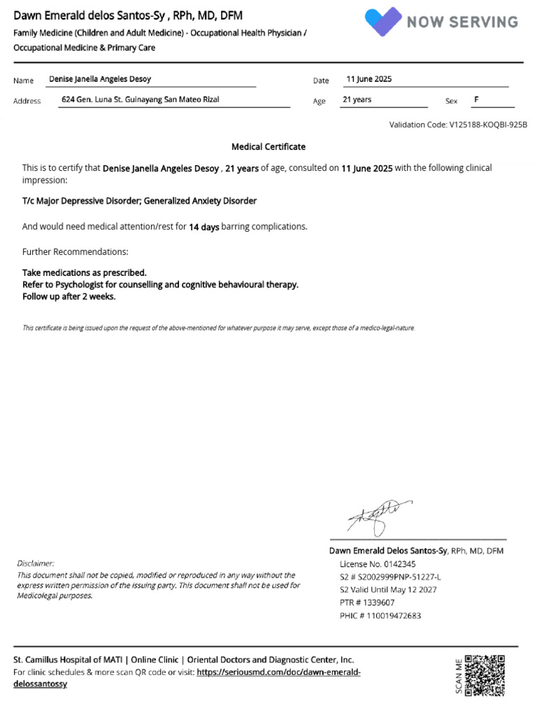 This Is To Certify That, of Age, Consulted On With The Following ...