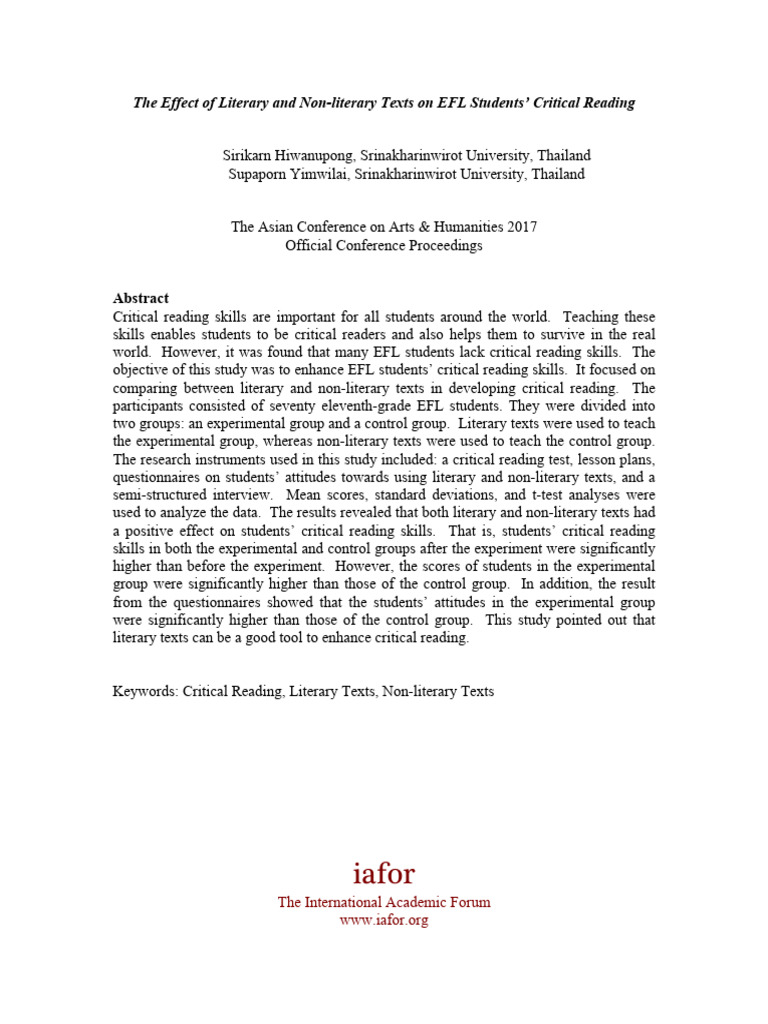 Literary vs Non-Literary Texts in EFL Reading | PDF | Poetry ...