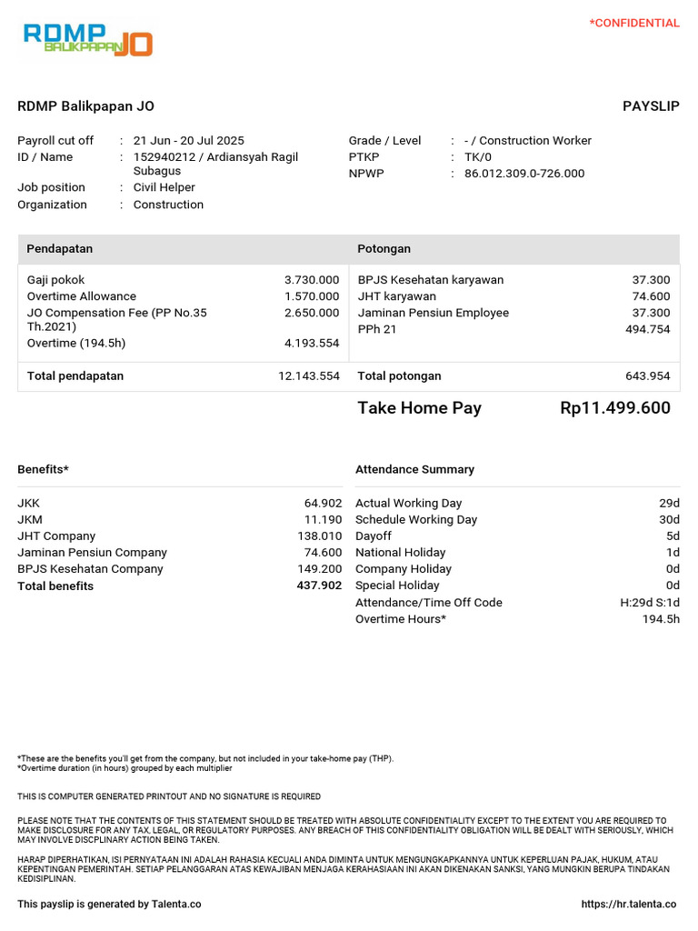 Talenta Payslip RDMP Balikpapan JO 7 2025 Ardiansyah Ragil Subagus | PDF | Lembur | Etika Bisnis