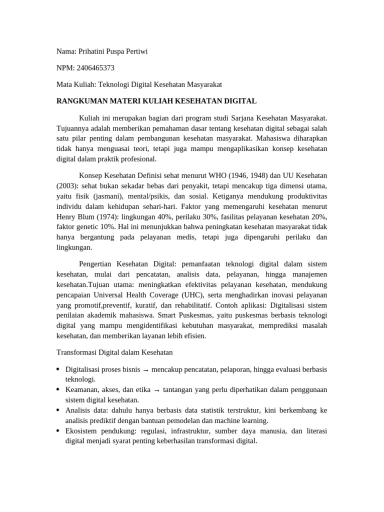 Rangkuman Kesehatan Digital Prihatini | PDF