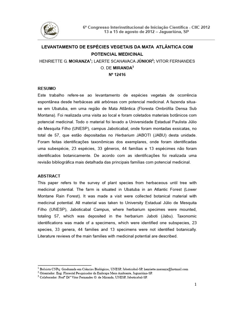 Plantas Medicinais da Mata Atlântica | PDF | Florestas | Biodiversidade