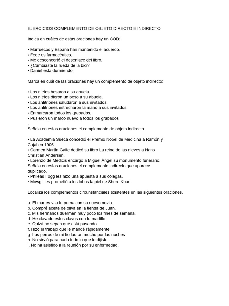 Ejercicios Complemento de Objeto Directo e Indirecto | PDF