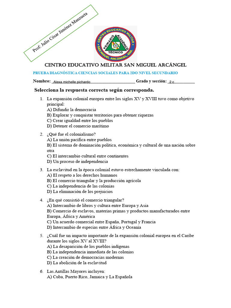 Prueba Diagnostica 2025-2026 | PDF | Colonialismo | Esclavitud