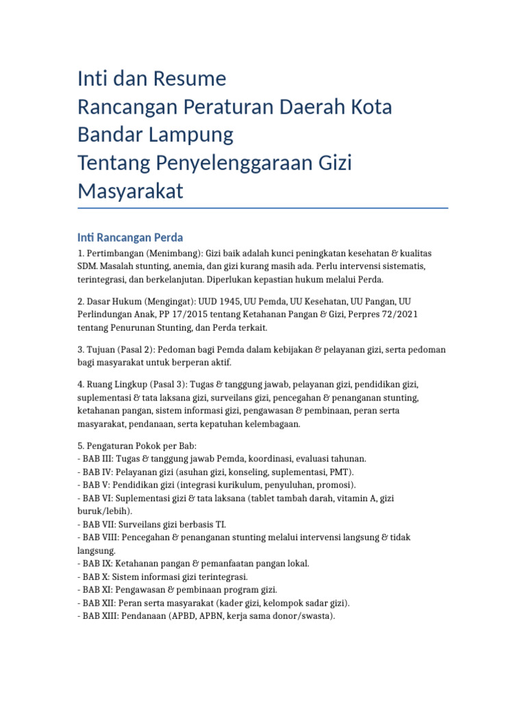 Inti Dan Resume Ranperda Gizi BandarLampung | PDF