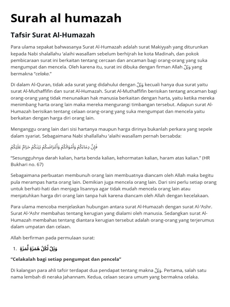Tafsir Surat Al-Humazah: Ancaman bagi Pengumpat | PDF