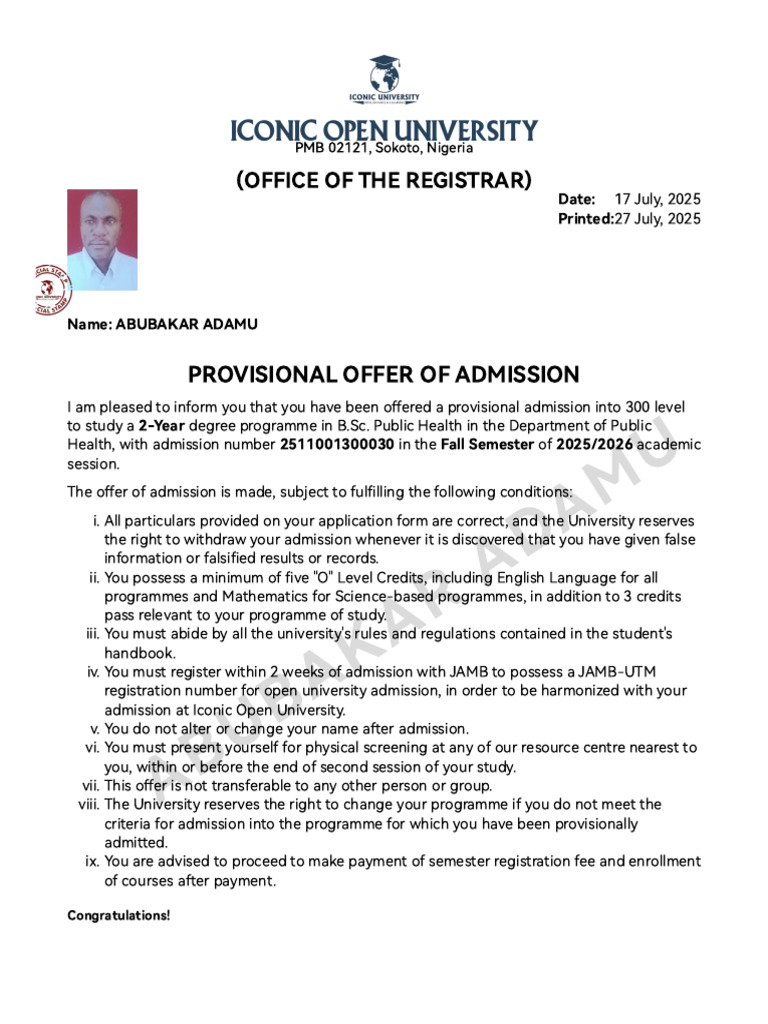 Provisional Admission Offer - Iconic Open University | PDF ...