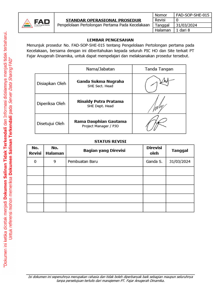 FAD-SOP-SHE-015 Pengelolaan Pertolongan Pertama Pada Kecelakaan (P3K) | PDF