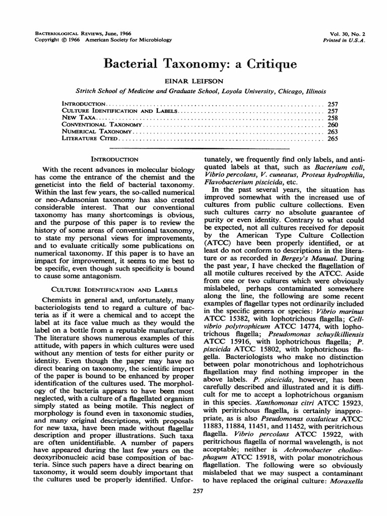 Leifson 1966 Bacterial Taxonomy A Critique | PDF | Bacteria | Species