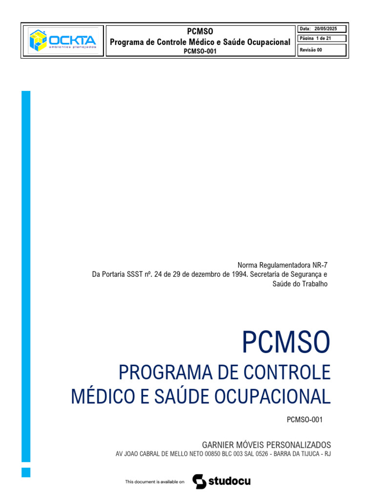 PCMSO Programa de Controle Medico e Saúde Ocupacional | PDF | Segurança ...