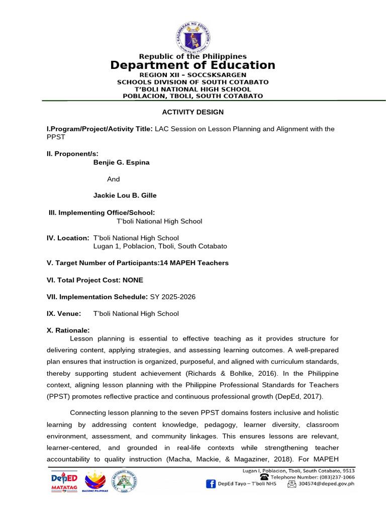 Activity Design For Lesson Planning Align With PPST | PDF | Educational ...