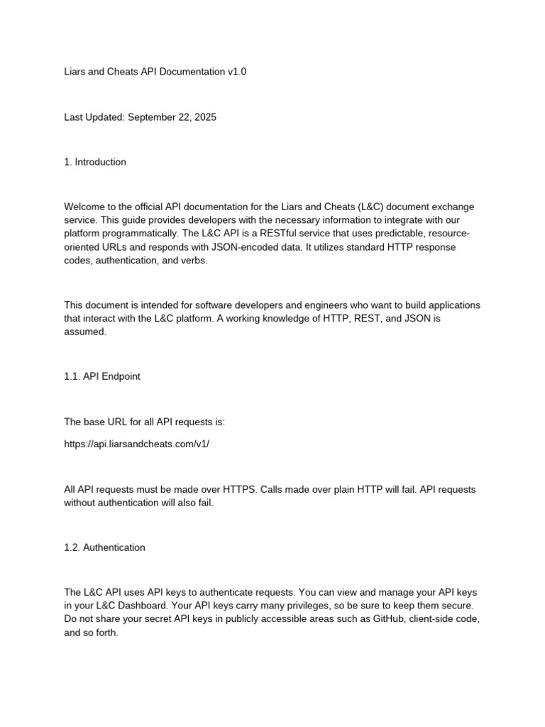 Liars and Cheats API Documentation v1.0 | PDF | Computer File | Json