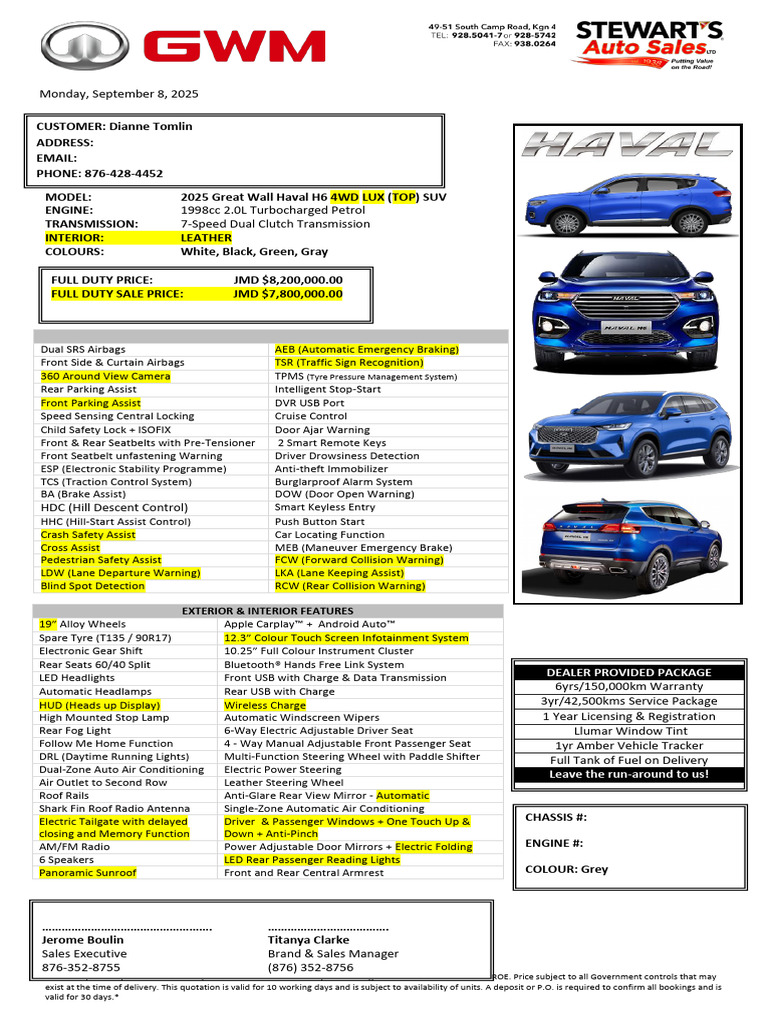 Proforma Invoice - 2025 Haval H6 LUX 4WD (Top Spec) Dianne Tomlin | PDF ...