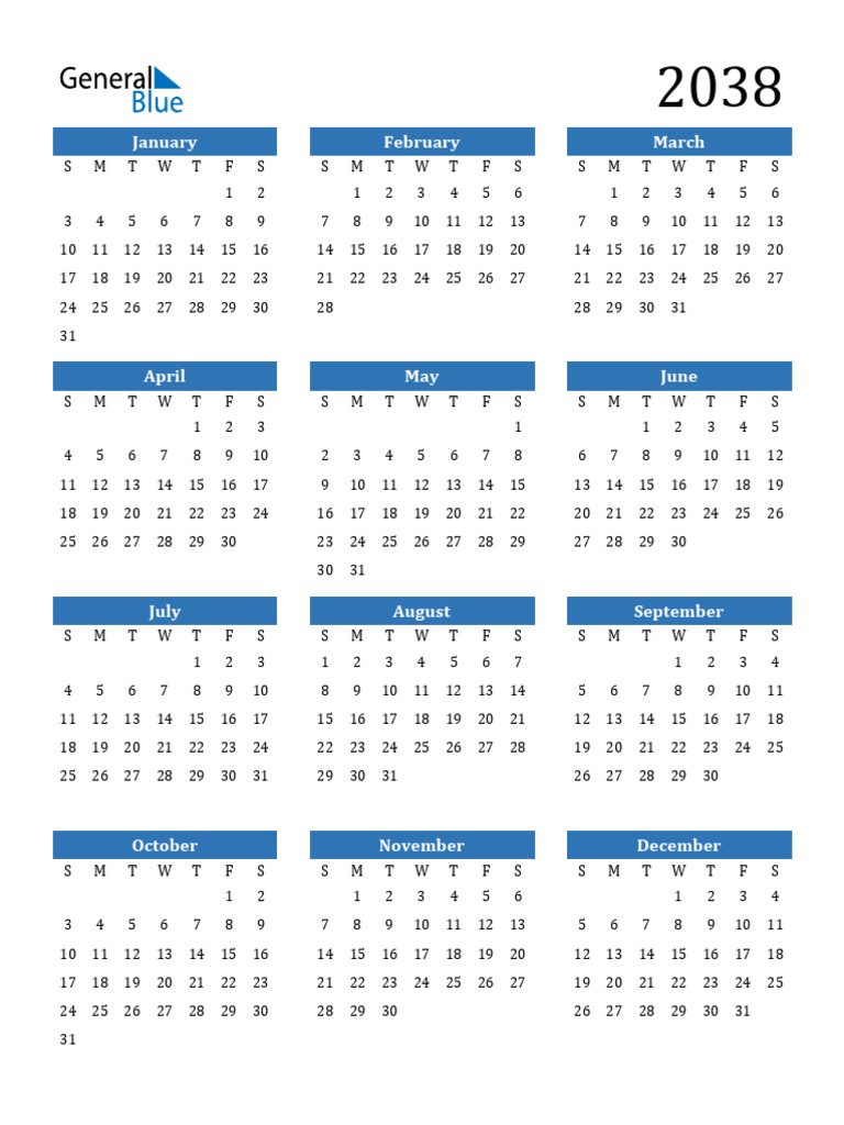 2038 Monthly Calendar Overview | PDF