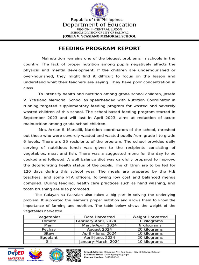 Feeding Program Report 2024 | PDF | Malnutrition | Vegetables