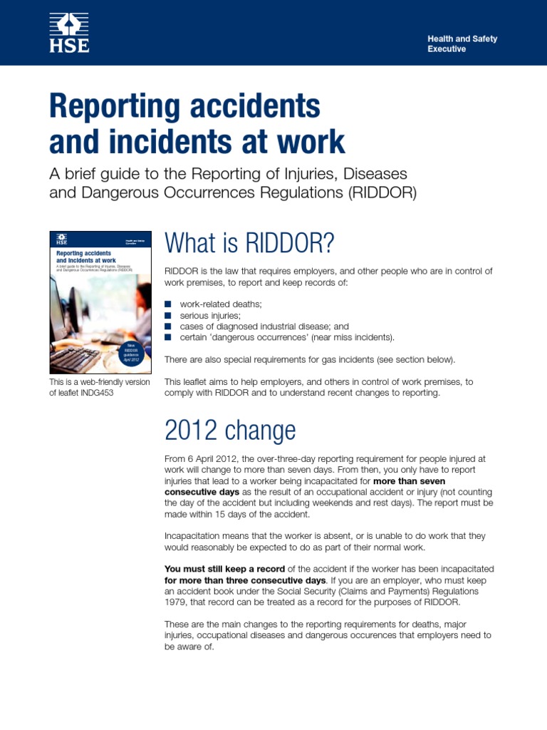 RIDDOR 2012 | Occupational Safety And Health | Safety